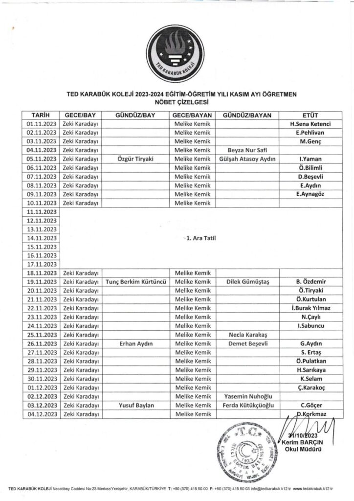 Kasım Ayı Öğretmen Nöbet Listesi ve Personel Çalışma Takvimi – TED ...