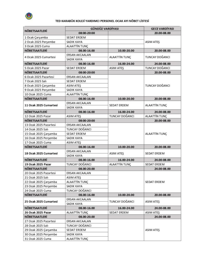 Ocak Ayı Öğretmen Nöbet Listesi ve Personel Çalışma Takvimi – TED ...